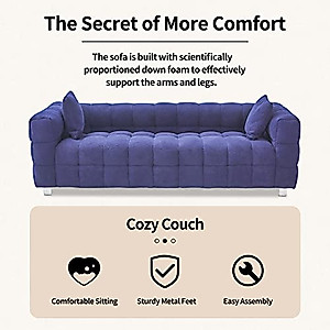 Dolonm Modern Sofa Couch with Metal Legs Upholstered Tufted 3 Seater Couch with 2 Pillows Decor Furniture for Living Room, Bedroom, Office, 80 Inch Wide (Blue-Teddy)