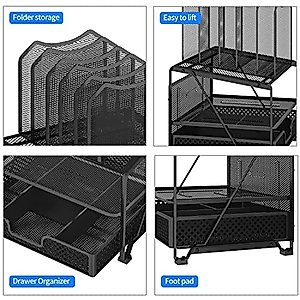 Simple Trending Mesh Desk Organizer with Sliding Drawer, Double Tray with 5 Sections File Bookshelf, Black