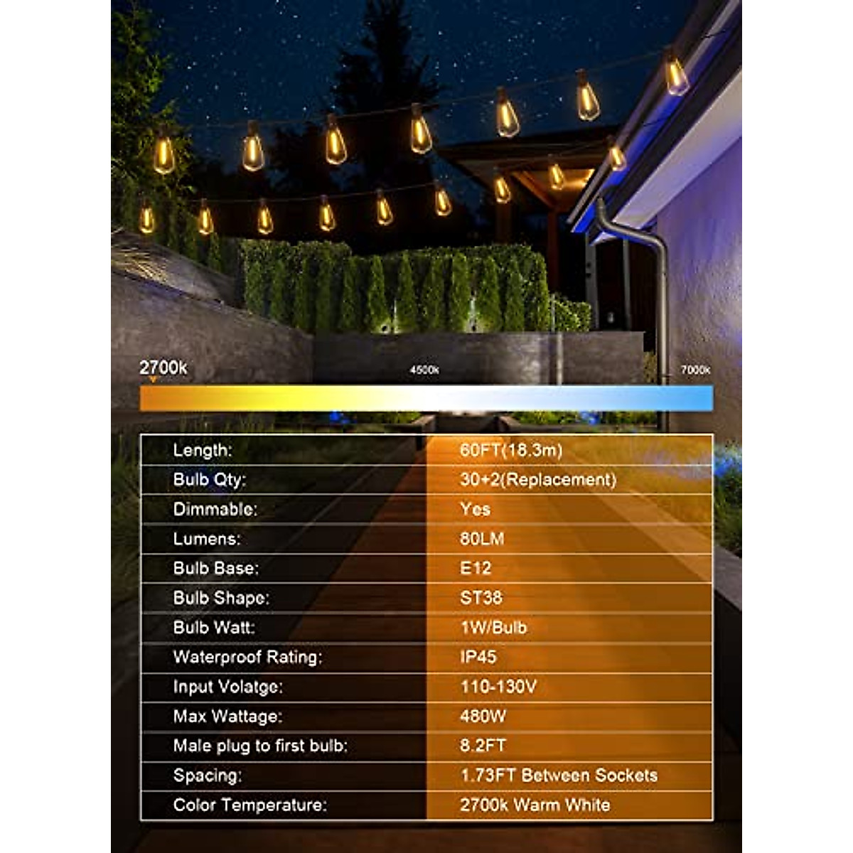 GPATIO Outdoor String Lights, 60FT(50+10) Waterproof Patio Lights with 32 Dimmable Hanging Lights Globe ST38 Bulbs, 2700k Shatterproof for Backyard Gazebo Porch Garden Commerical Outside Decor