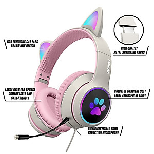 Mokata Gaming Headphone Wired USB Connect 7.1 Surround Stereo Over Ear Cat LED Light Fit Adult & Kid Foldable Headset with Mic for PC PS4 PS5 Game Laptop Pad H03 Cyan Beige White