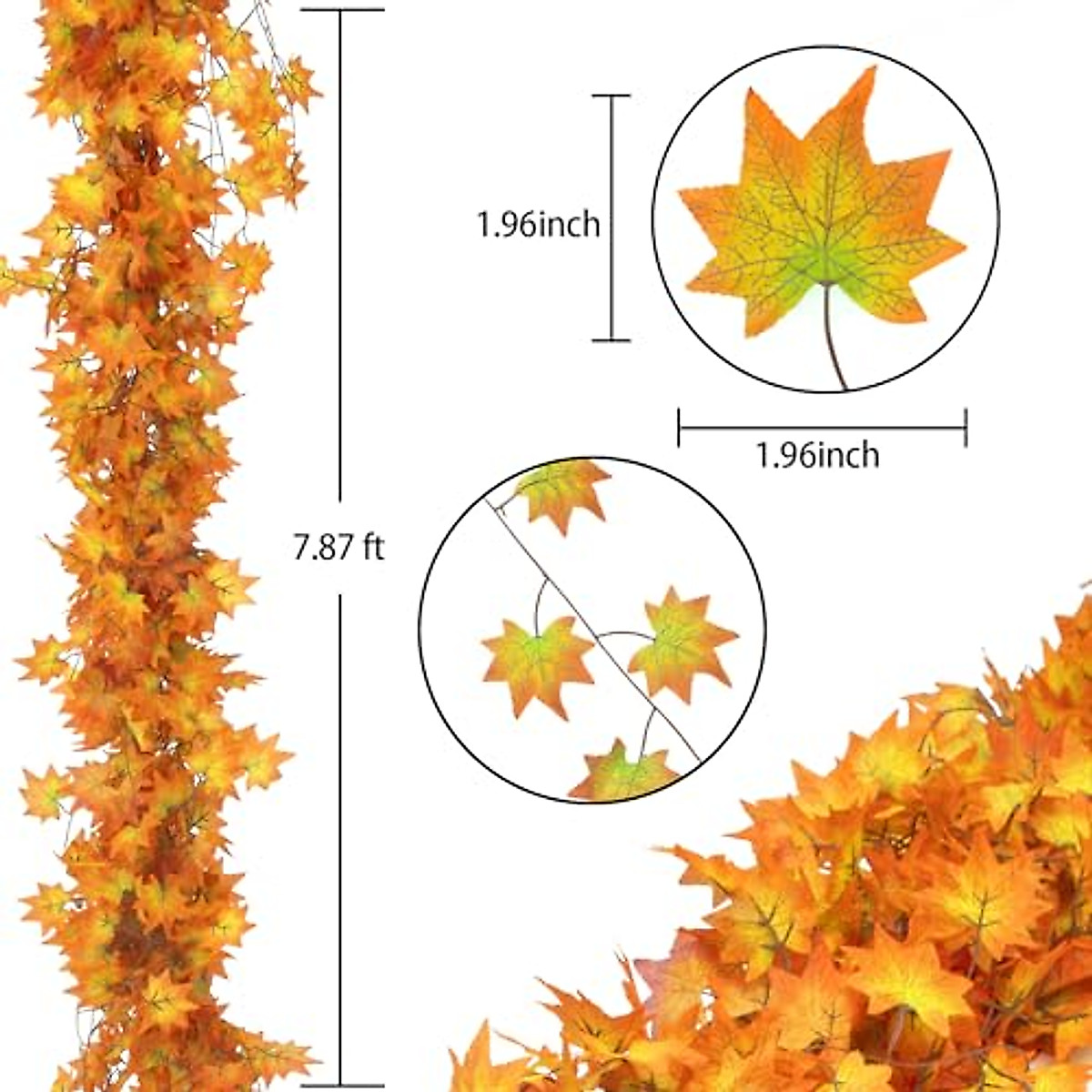 CQURE 14 Pack 98Ft Fall Leaf Garland, Hanging Vines Garland Artificial Fall Maple Leaves Garland Thanksgiving Decor for Home Wedding Fireplace Party （Orange Green）