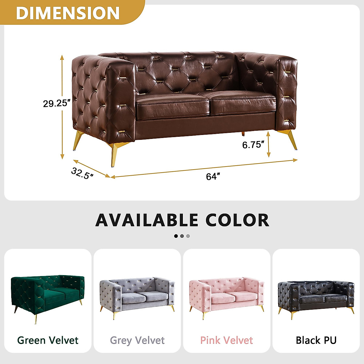 QHITTY Chesterfield Loveseat, Modern 2 Seater Accent Sofa Faux Leather Couch with Square Arms and Metal Tufted Button, Metal Legs for Living Room, Office, Bedroom (Brown)