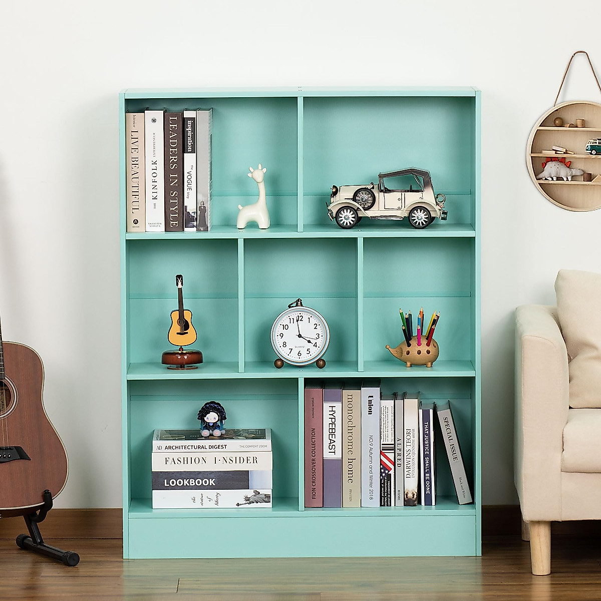 LEYAOYAO 7 Cube Bookshelf with Base,3 Tier Modern Mint-Green Kids Bookcase,Standing Wide Bookshelves Storage Organizer Toy Shelf,Wood Display Children's Book Shelves for Bedroom,Living Room,Nursery