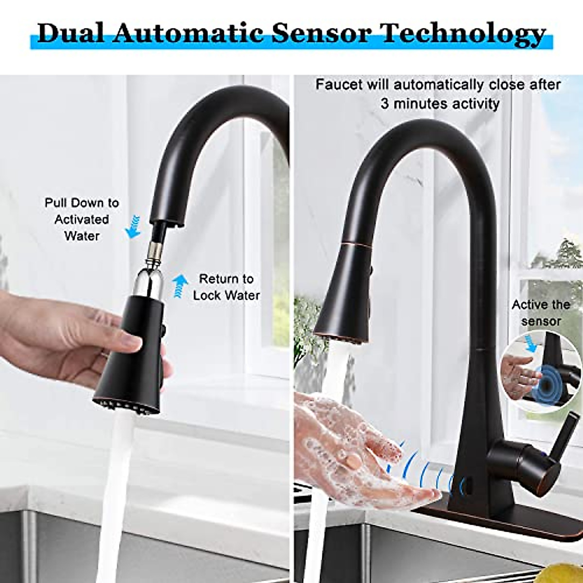 Touchless Kitchen Faucet, ANBSR Kitchen Sink Faucet with Pull Down Sprayer, High Arc Pulldown Single Handle for Motion Sensor, One Hole and 3 Hole 3 Setting Oil Rubbed Bronze Touch Kitchen Faucet