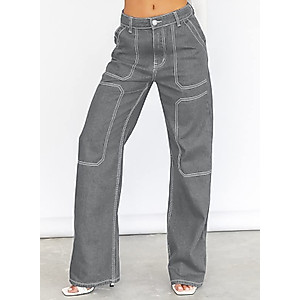 Dokotoo Wide Leg Jeans for Women Casual High Waisted Cargo Jeans Denim Pants Gray Size 12