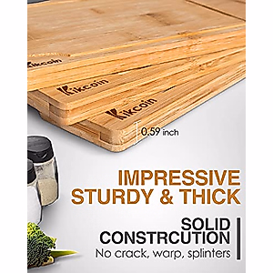 Bamboo Cutting Board, 3-Piece Kitchen Chopping Board with Juice Groove and Handles Heavy Duty Serving Tray Wood Butcher Block and Wooden Carving Board,Large,Kikcoin