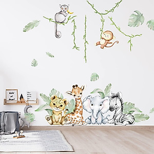 59.05x53.14 Inch Woodland Animals Wall Decals Wall Tree Decals Forest Animal Wall Decal Elephant Zebra Monkey Giraffe Nursery Decor for Home Baby Room Decorations Boys Girls Bedroom Art