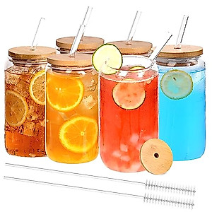 Finew 6pcs Glass Cups with Bamboo Lids and Glass Straws, 16oz Beer Glasses Can Shaped Glass Cups, Clear Glass Cups, Cute Tumbler Cup, Ideal for Whiskey, Cocktail, Iced Coffee Gift- 2 Cleaning Brushes