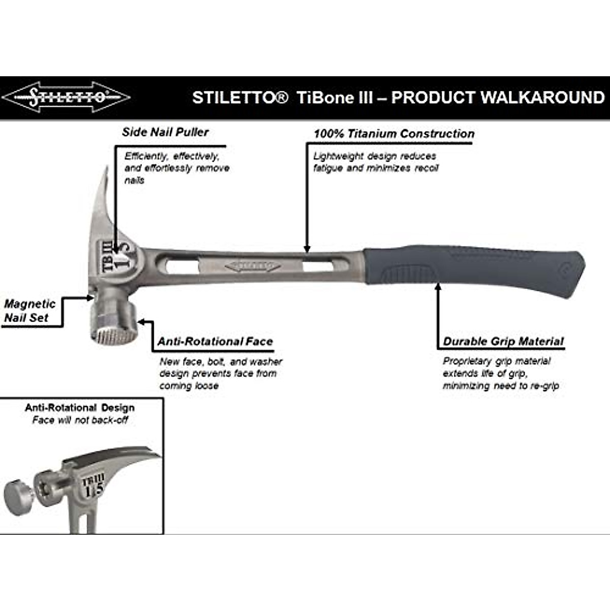 Stiletto TB3MC 15oz. Ti-Bone 3 Titanium Hammer with Milled Face, Curved Handle and New Improved Model Anti-rotational Face