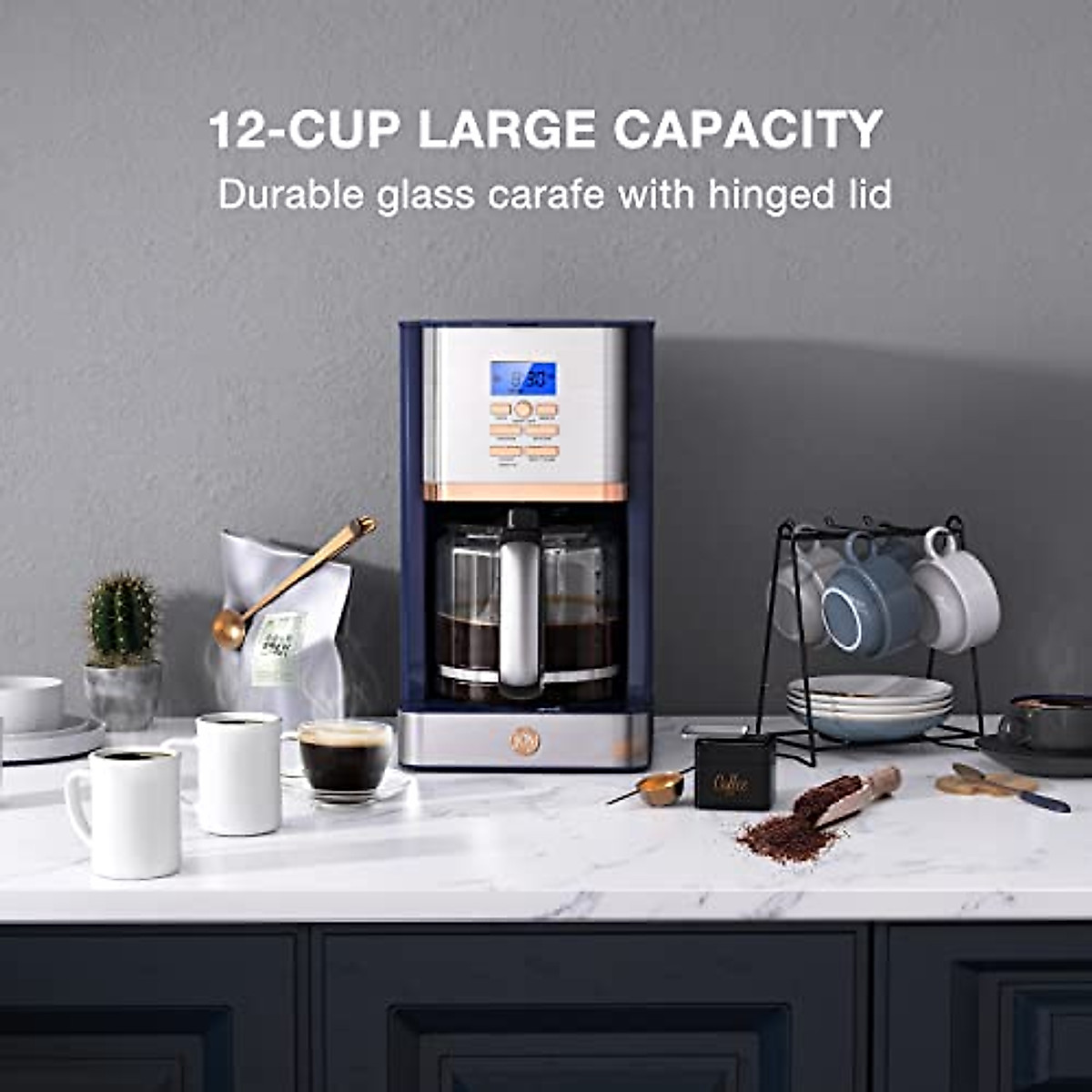 JOY Kitchen 12-Cup Digital Programmable Drip Coffee with Glass Carafe, Reusable Filter Basket & Coffee Spoon, Programmable up to 24 hours, Auto Warming & Self-Clean,Blue