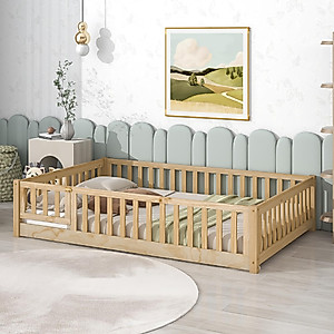 ROCKINGRUN Full Size Montessori Floor Bed Frame with Safety Fence & Convertible Door, Toddler Floor Bed with Sturdy Solid Wood Support Slats and Full-Length Guardrails for Kids Girls Boys (Natural)