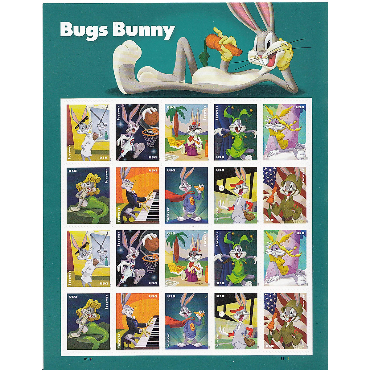 U.S. Forever Postage Stamps Celebrating Bugs Bunny & His Marvelous Masquerades Depicted in 10 Different Classic Costumes Over His 80 Year Career. 1 Pane of 20 Stamps (1 Stamp Sheet (20 Stamps))