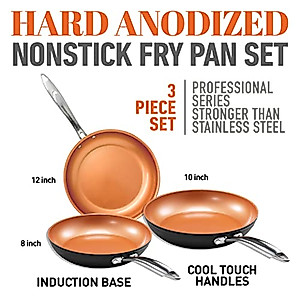 Gotham Steel Hard Anodized 8” 10” & 12” Premium Chef’s Skillet Set, with Ultimate Nonstick Ceramic & Titanium Coating, Oven and Dishwasher Safe, Brown, Large