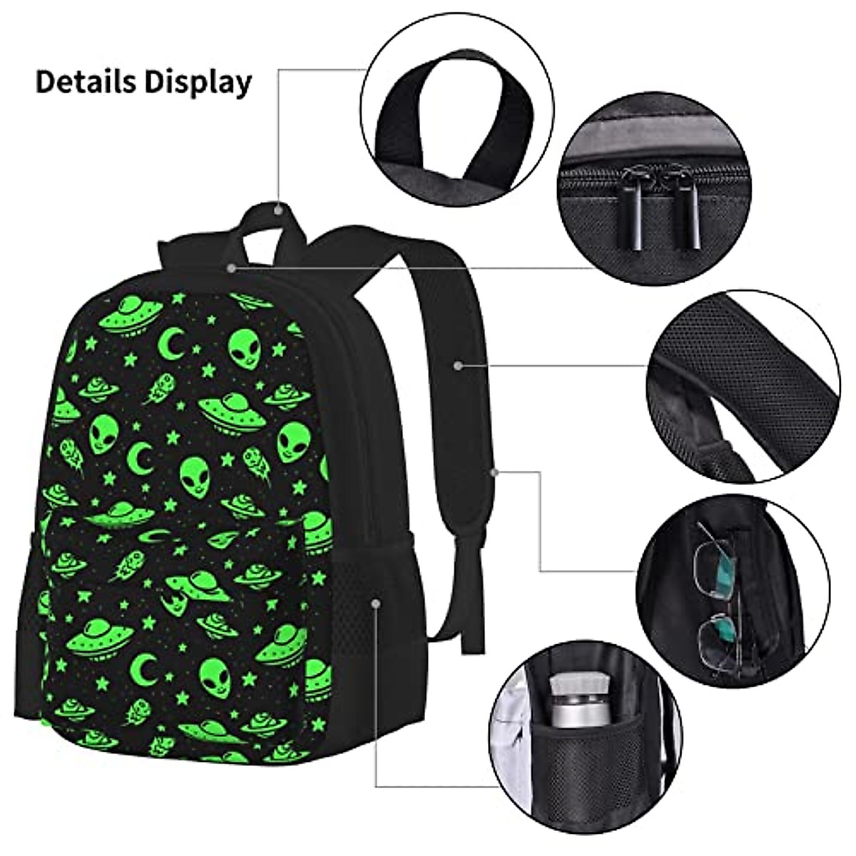 3 PCS Green Alien Ufo Moon Backpack Set With Lunch Bag Pencil Case,Funny Colorful School Book Bag For Girls Boys Teens