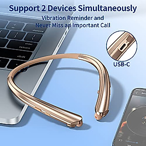 Neckband Bluetooth Headphones, Wireless Neckband Headset Retractable with Sweatproof Stereo Earbuds Call Vibrate Alert Earphones with Mic Compatible with iPhone, Android, iPad, Samsung (Rose)