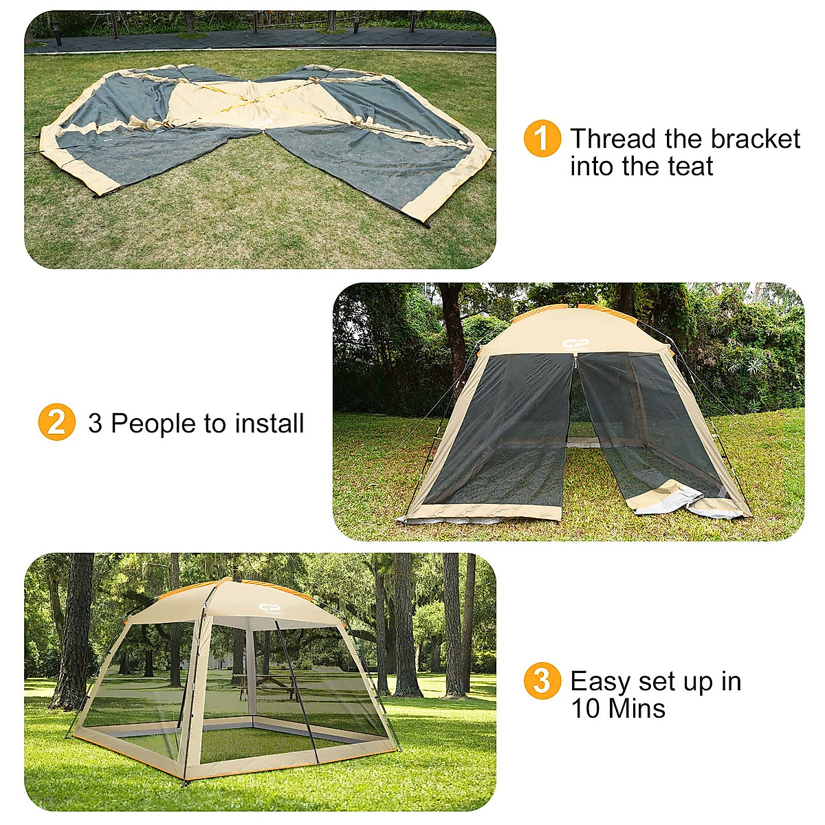 CAMPROS CP Screen House 10 x 10 Ft Screened Mesh Net Wall Canopy Tent Screen Shelter Gazebos for Patios Outdoor Camping Activities - Beige