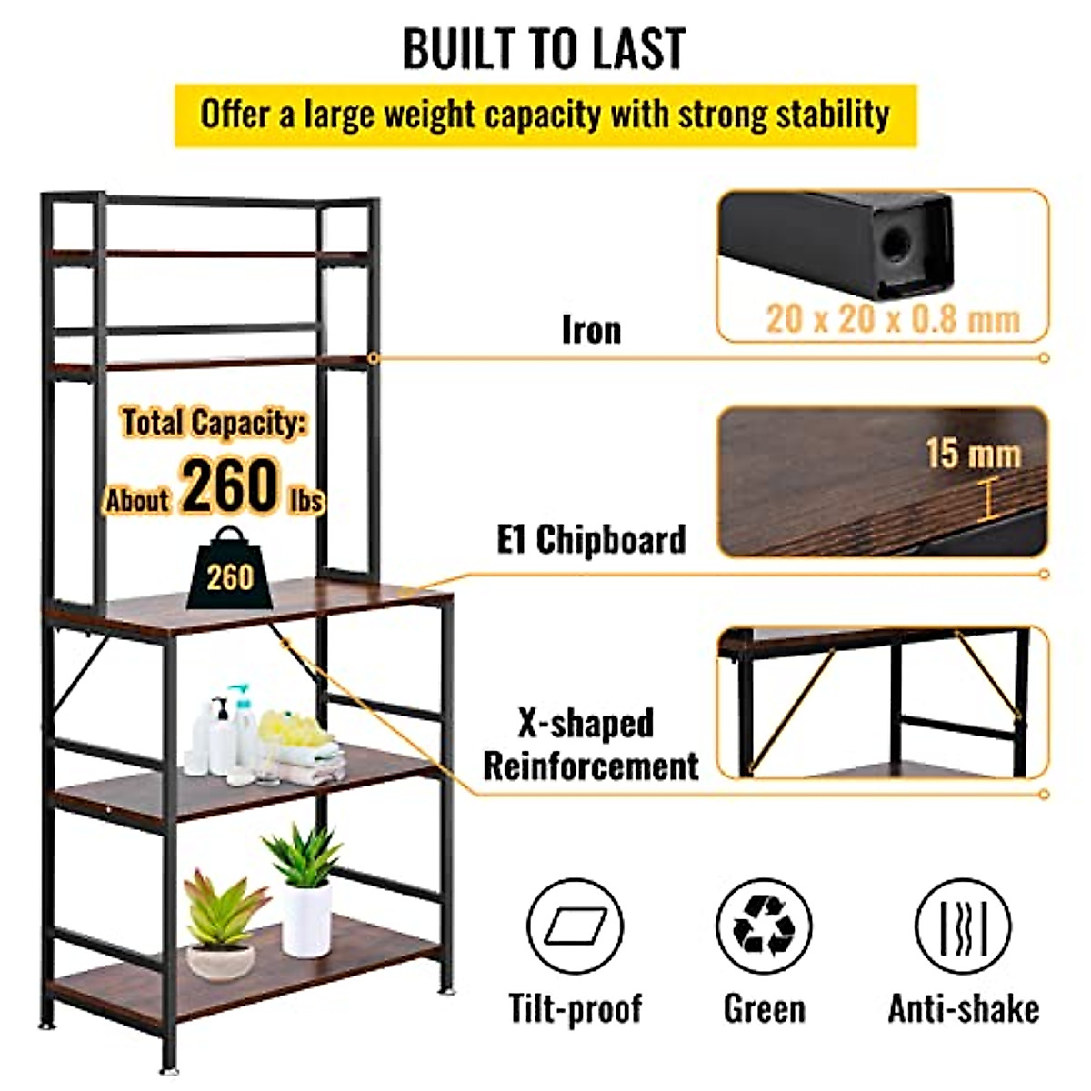 VEVOR Kitchen Baker's Rack, 5-Tier Microwave Stand with 6 Hooks Utility Storage Shelf, Industrial Bakers Racks for Kitchens with Storage, Standing Kitchen Rack for Home Bar, Coffee Bar, Dining Room