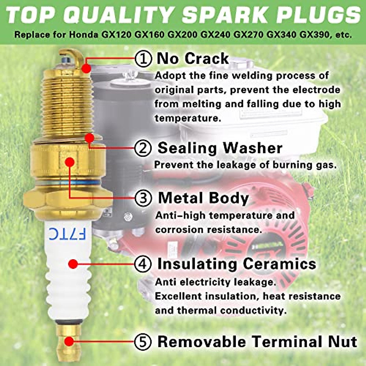 GREPSPUD 4pcs F7TC Spark Plugs GX120 GX160 GX200 GX240 GX270 GX340 GX390 Sparkplugs with Wrench for 4-Stroke Engine Generator Lawnmower Chainsaw Tractor Water Pump Rototiller Go Kart Mini Bike