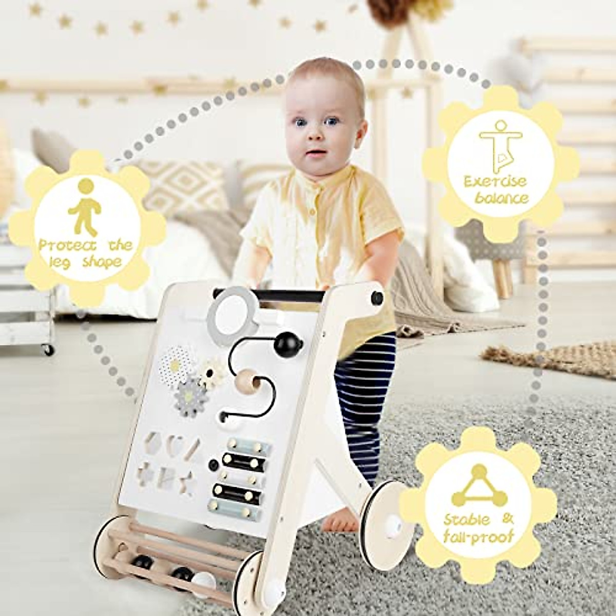 Asweets Wooden Baby Walker Push and Pull Learning Activity Walker with Roller for Boys and Girls Stand Learning Walker Toddler Toy
