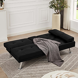 Generic Convertible Sofa Bed, PU Leather, Futon Folding Sleeper Sofa Couches with 2 Cupholders Adjustable Backrest Armrest Black Easy Assemble