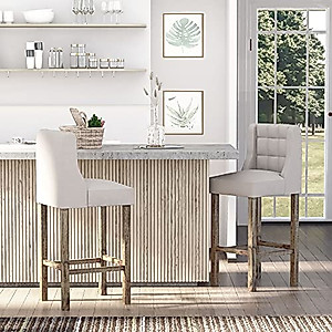 HOMCOM Modern Bar Stools, Tufted Upholstered Barstools, Pub Chairs with Back, Rubber Wood Legs for Kitchen, Dinning Room, Set of 2, Beige