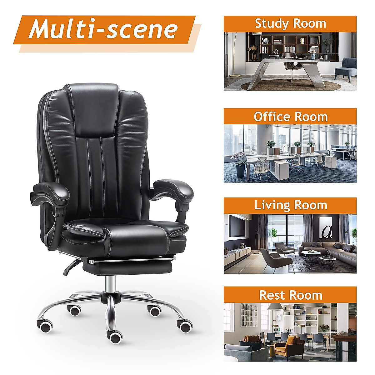 Erinnyees Executive Office Chair, PU Ergonomic Chair with Footrest and Linkage Armrests, 90°-155° Reclining Office Chair, 360° Swivel Computer Desk Chair with Back Support, Black