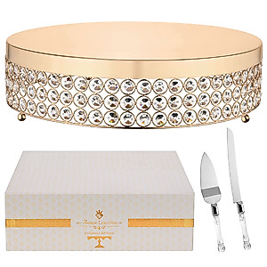 16'' Gold Cake Stand with Stainless Steel Cake Knife & Server – 3Pcs Set Luxurious Cake Holder with Crystal Beads – Multipurpose Dessert Stand Dessert Table Display for Wedding, Party, (Clear)
