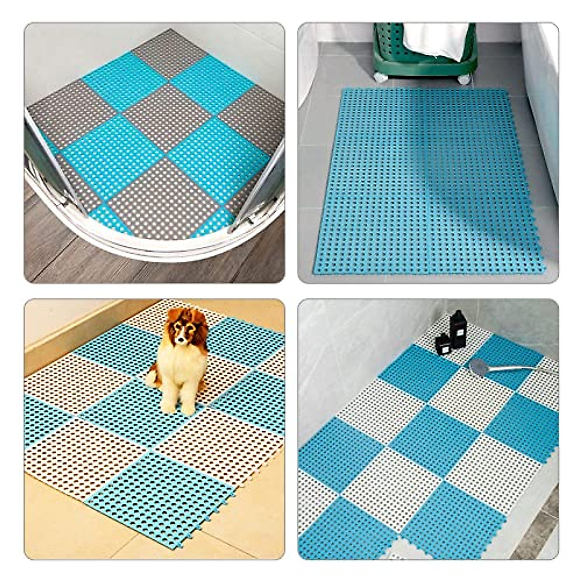12 Pack 11.8" x 11.8" Interlocking Floor Tiles with Drain Holes Soft PVC Non Slip Shower Floor Mat Modular Interlocking Cushion Mat for Drain, Pool, Patio, Balcony, Kennel, Poultry, Floor Grid, Blue