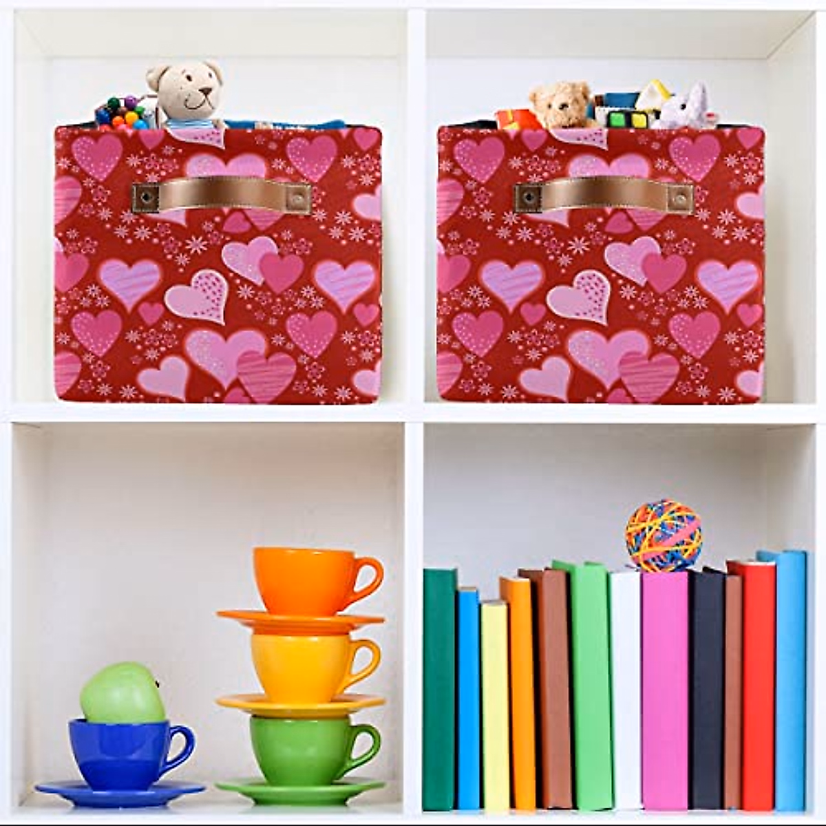 Pink Red Love Heart Storage Basket Fabric Laundry Baskets Happy Valentine's Day Storage Boxes Organizer Bag for Baby Cloth Dog Toy Book Storage Cubes Shelf Closet Bins 16×12×8 Inches
