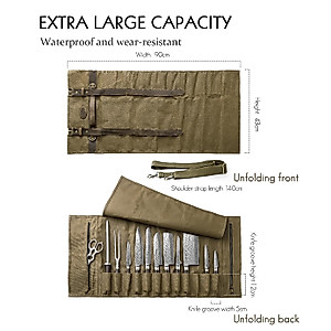 HEZHEN Chef Knife Roll Bag 16oz Oil Waxed Canvas, Heavy Duty Portable Backpack Knife Case Storage, 12 Slots & 2 Zipper Pockets, Detachable Adjustable Leather Shoulder Strap Belt（Not Included Knives）