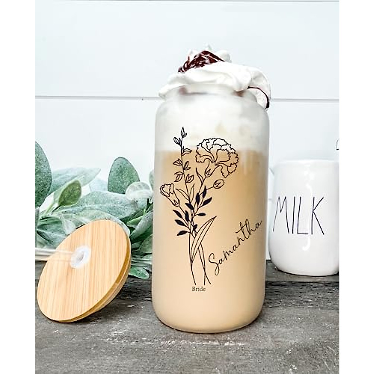 Customized Glass Tumbler with Flower and Name - Personalized Tumbler Set with Straw - Bridal Party Gifts - Bachelorette Party Tumblers - Bamboo Lid Iced Coffee Cup - Bridesamid Gifts