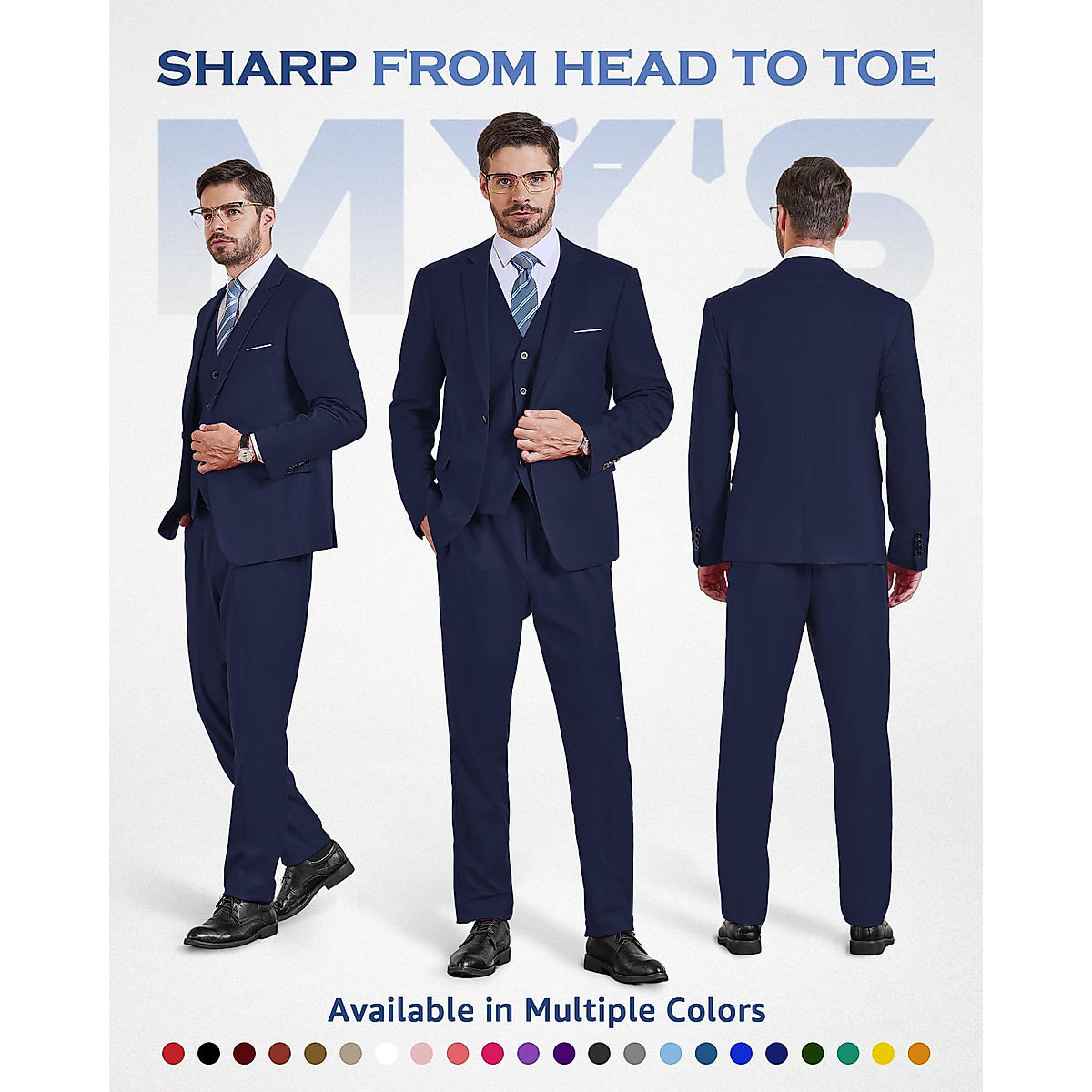 MY'S Men's 3 Piece Slim Fit Suit Set, One Button Solid Jacket Vest Pants with Tie Deep Blue X-Small