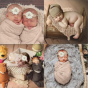 SPOKKI 3 Pcs Newborn Photography Props Outfits Set, Knitted Blanket for Baby Photo Props, Beige Elastic Wrap for Photoshoot, Flower Headband for Infant Boys Girls, Baskets Filler Posing Props