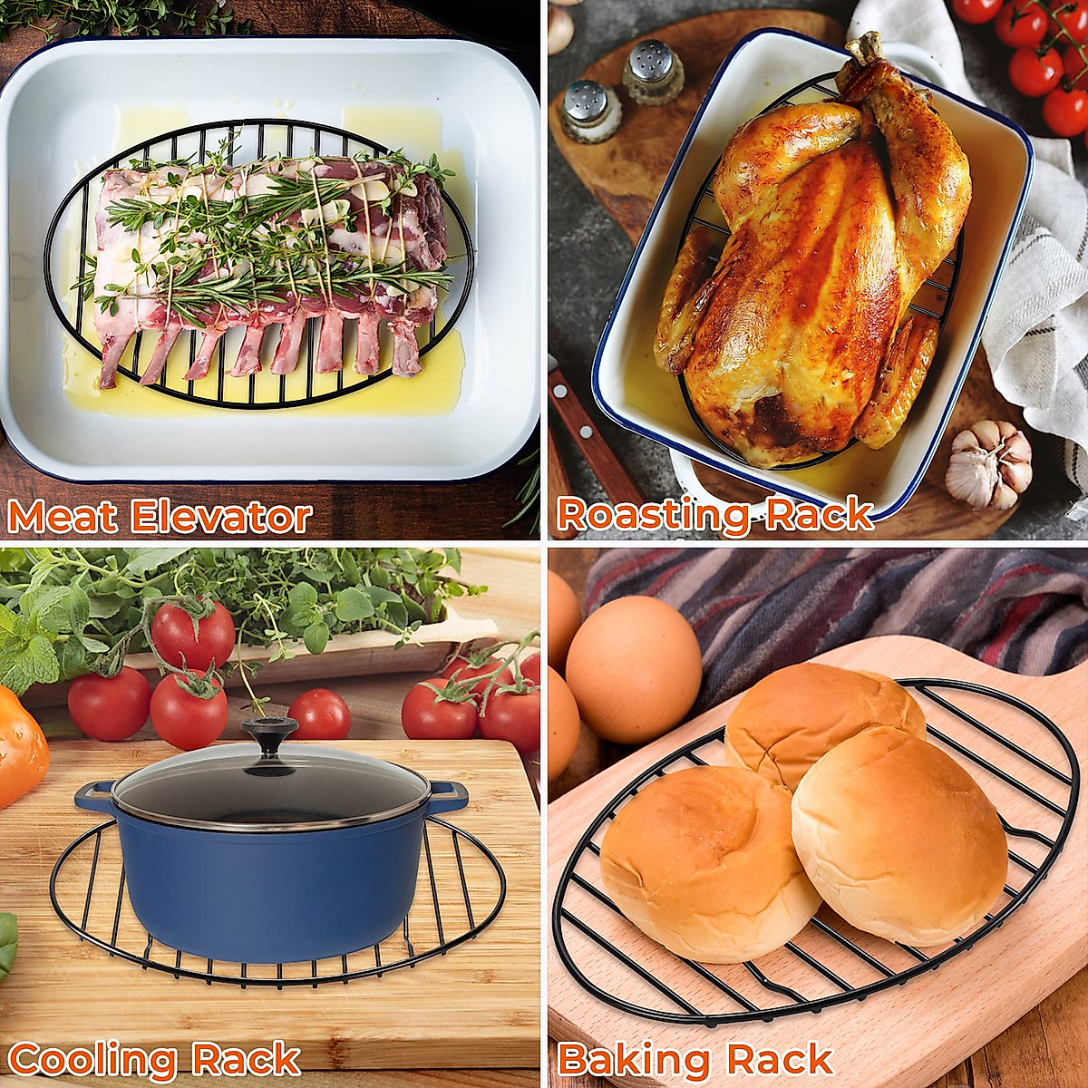 Oval Roasting Rack with Integrated Feet, Non-Stick Coating, Baking Rack Easy to Clean for Cooking, Roasting, Drying, Grilling 12×8.5 inches Black