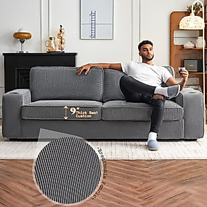 AMERLIFE Couch, 89 inch Sofa Couch- Deep Seat Sofa with 2 USB Charging Ports & 2 Cup Holders, 3 Seater Couch with Grey Corduroy, Modern Sofas for Living Room