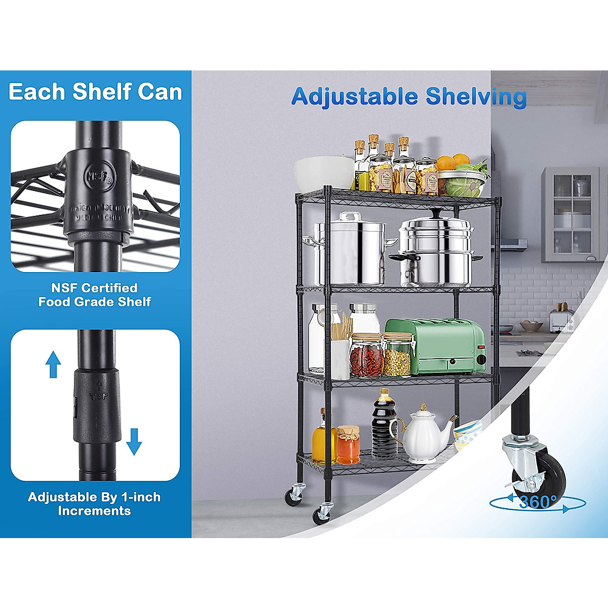 4-Tier Kitchen Storage Shelves Wire Shelving, Adjustable Storage Shelf Metal Storage Rack on Wheels, Shelf Unit Organizer for Kitchen Bread Microwave Oven Stand, 35.6"L x 14"W x 61.8"H, Black