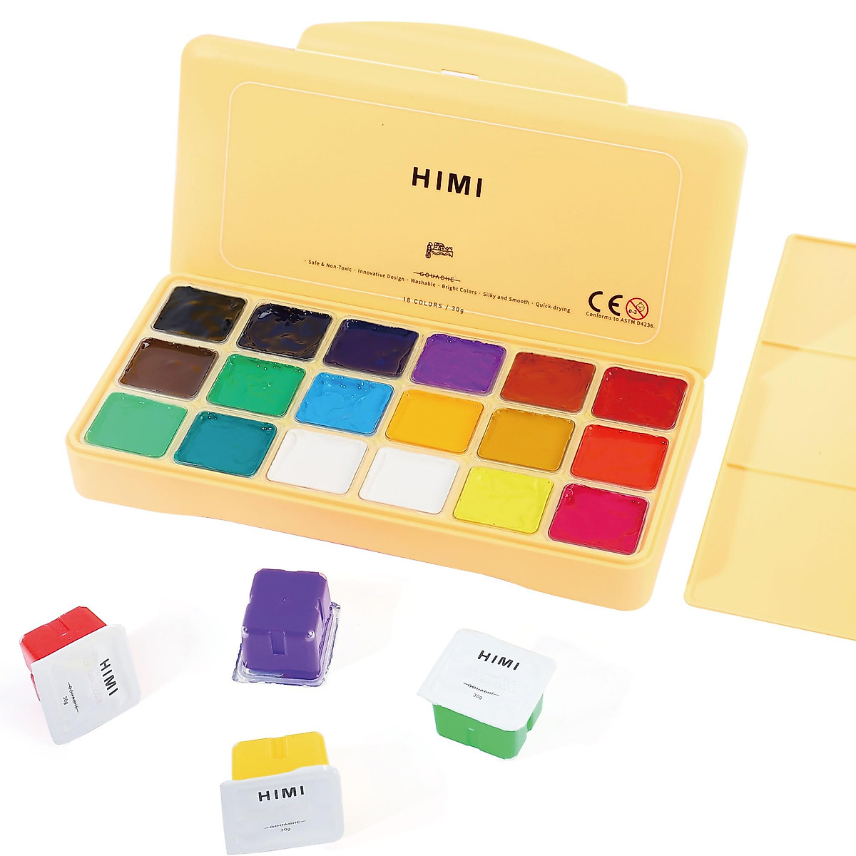 HIMI Gouache Paint Set Jelly Cup 18 Vibrant Colors Non Toxic Paints with Portable Case Palette for Artist Canvas Painting Watercolor Papers, Rich Pigment, 30ml/Cup