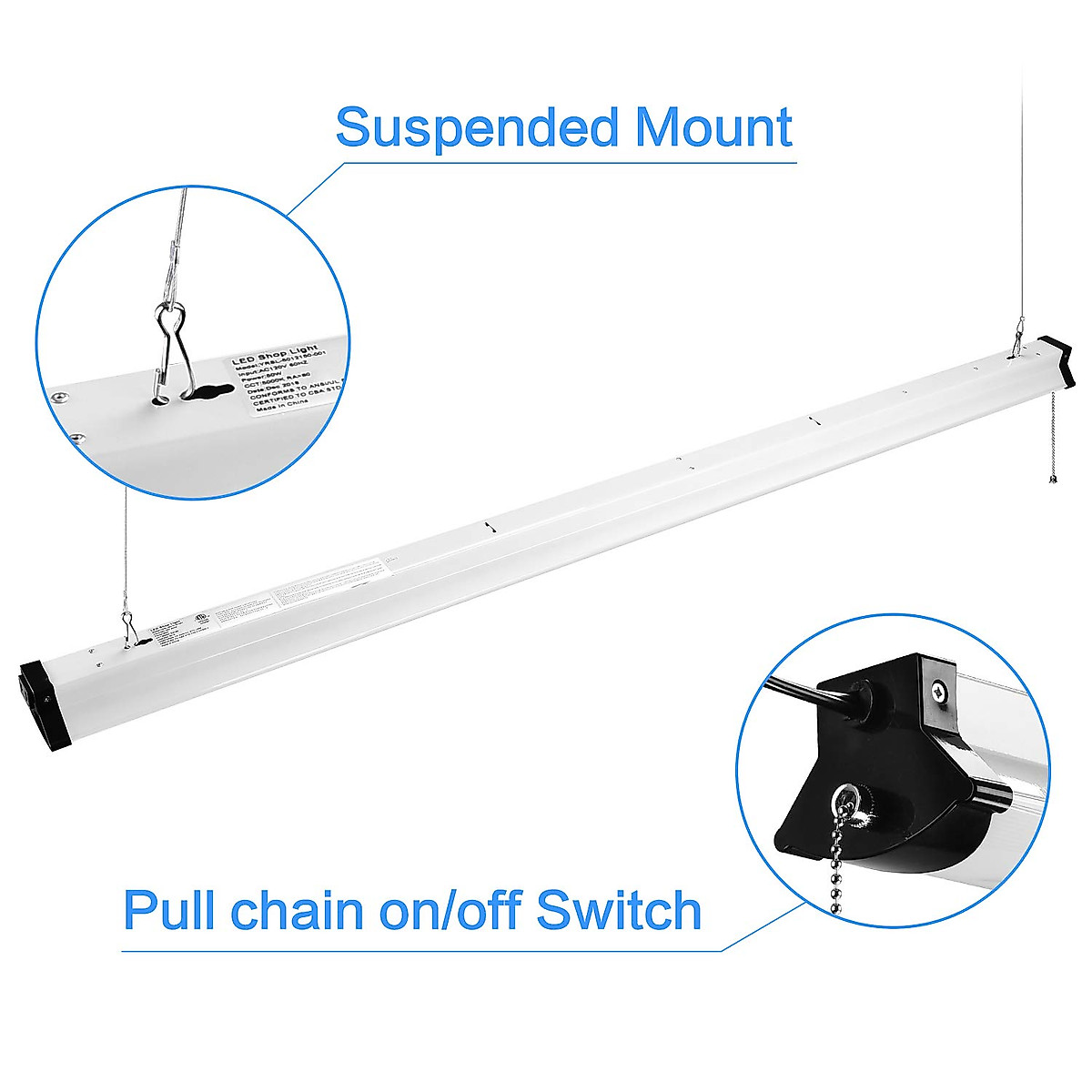FAITHSAIL 4FT Linkable LED Shop Light, 50 W for Garage, 5600 LM 4 Foot LED Light Fixtures for Workbench, 5000K LED Workshop Light with Plug, Pull Chain, Hanging Mount - 1 Pack