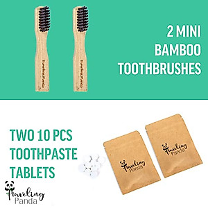 Traveling Panda Mini Travel Bamboo Toothbrush Kit with 2 Soft Bristle Toothbrushes and Mint Toothpaste Tablets, 2X 10 Tabs