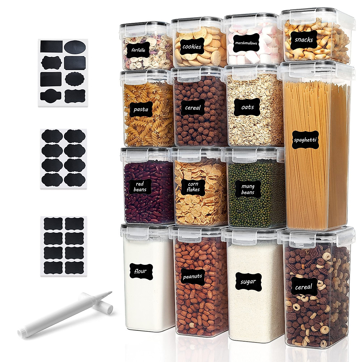 Cereal Container, Set of 15 Pcs Food Storage Containers Set With Lids Airtight, BPA Free Plastic Dry Food Bins Pantry, Kitchen Organization and Storage, for Counter Spaghetti Flour Sugar Coffee Rice