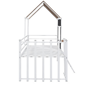 Harper & Bright Designs Metal House Loft Bed Twin, Kids Low Loft Bed with Roof & Window, Twin Size Loft Bed with Guardrail for Girls Boys, White+MDF