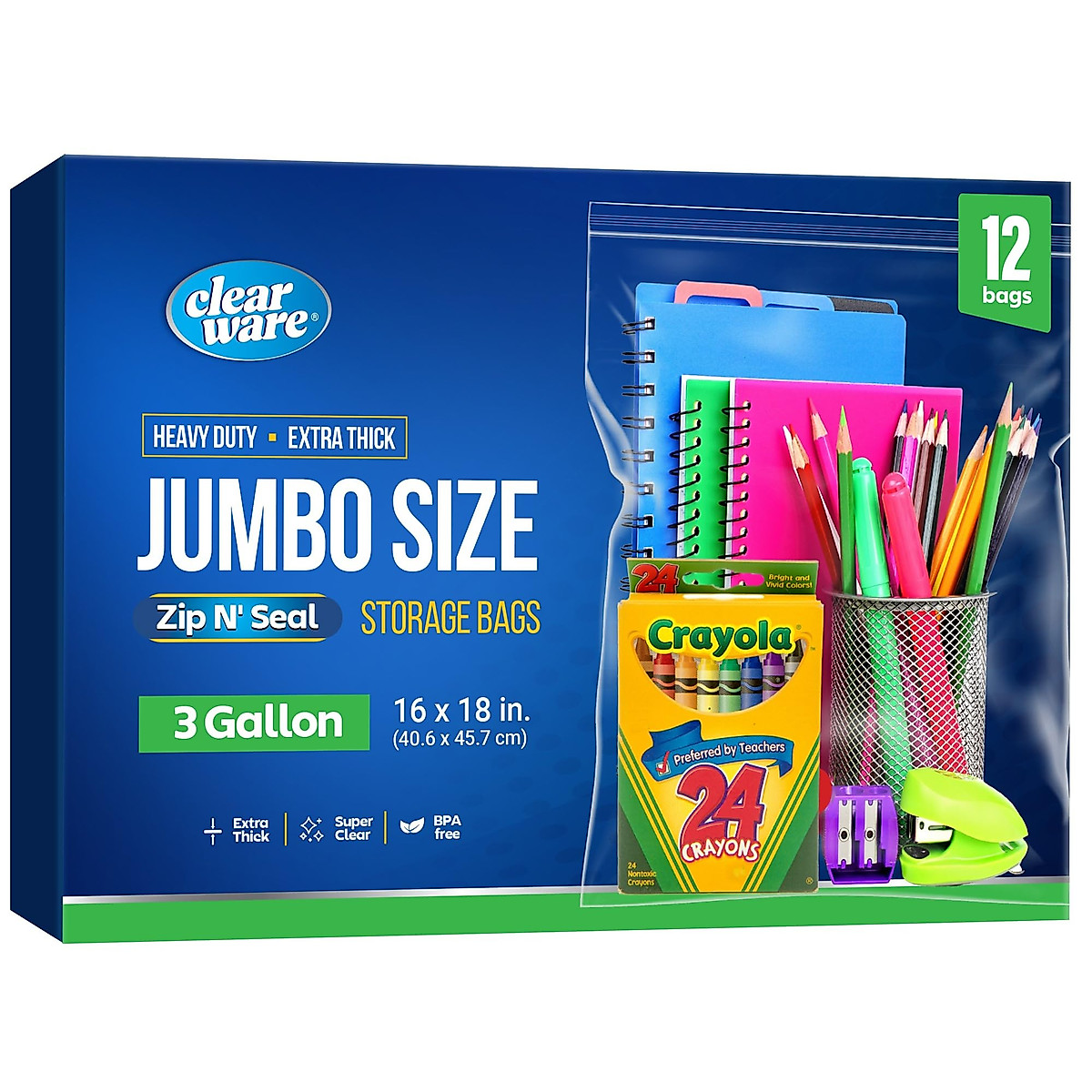 12 Large Plastic Bags With Zipper Top - 3 Gallon Bags 16" x 18", Extra Large Storage Bags for Clothes, Travel, Moving, Large Reusable freezer bags, BPA-Free, 2-mil Thick Clear Plastic Bags