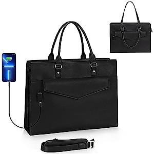 Laptop Tote Bag for Women, 17 Inch Laptop Bag Waterproof Leather Computer Tote Bag, Large Work Bag with USB Charging Port, Womens Laptop Briefcase Business Office Handbag Work Shoulder Bag, Black