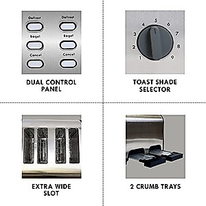 Kenmore 4-Slice Toaster, Black Stainless Steel, Dual Controls, Extra Wide Slots, Bagel and Defrost Functions, 9 Browning Levels, Removable Crumb Trays, for Bread, Toast, English Muffin, Toaster Strudel