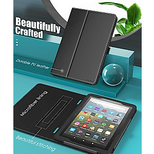 MoKo Case with Temperd Glass Screen Protector Fits Kindle Fire HD 8 & 8 Plus Tablet (12th Generation/10th Generation, 2022/2020 Release) Slim Folding Stand Cover with Auto Wake/Sleep, 9H Hardness Film