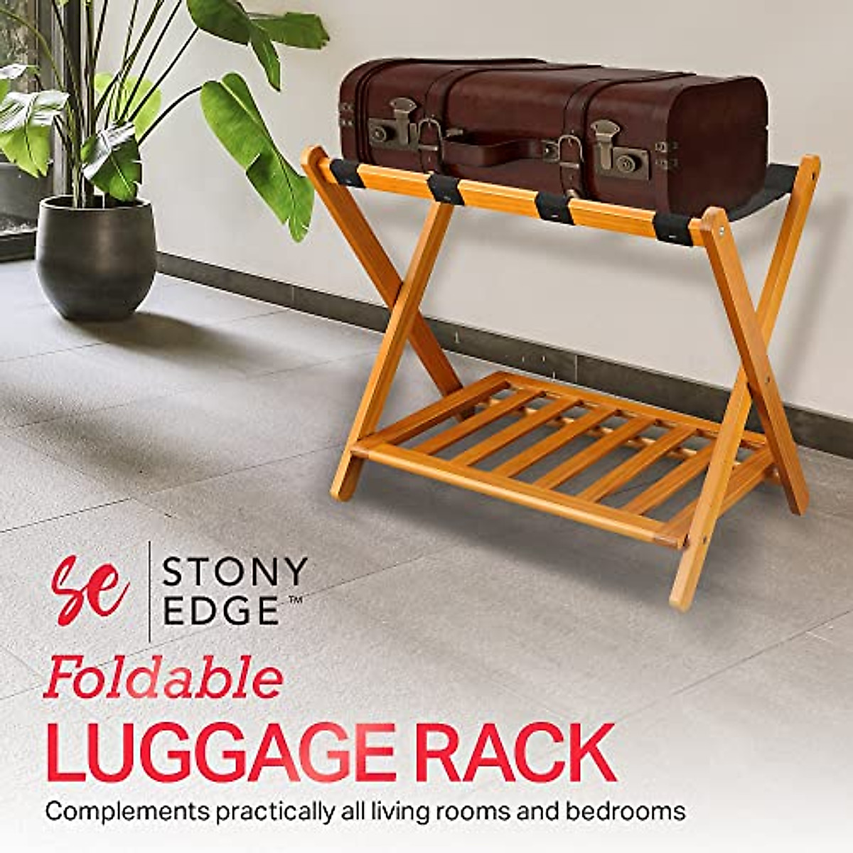Stony Edge Folding Luggage Rack | Honey Oak Wood Finish, 27x16x22 Inches | Perfect for guest room with Extra Shelf Storage | Suitable for Luggage, Suitcase and Shoes