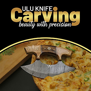 Lara Eagle Damascus Steel Ulu Knife, Celtic Knot Handle made of Exotic Rose Wood and Olive wood, 6 inch blade One-Handed Rocker Knife with Leather Sheath