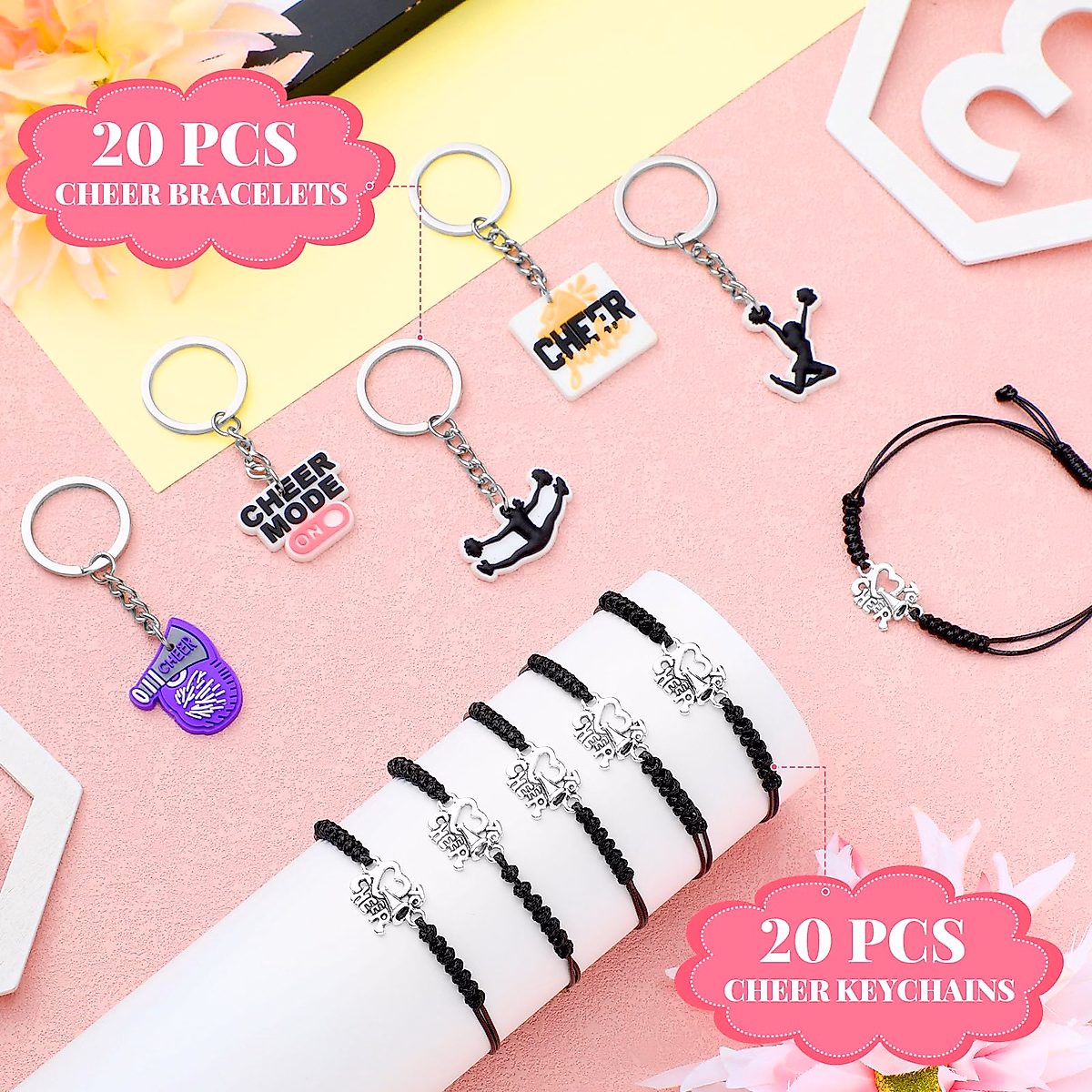 Sureio 48 Pcs Cheerleader Gifts Kit Cheer Stuff Bulk for Team, 24 Pcs Keychain and 24 Pcs Cheer Charms Bracelets Cheerleading Accessories Party Favors for Women Girls Teammates