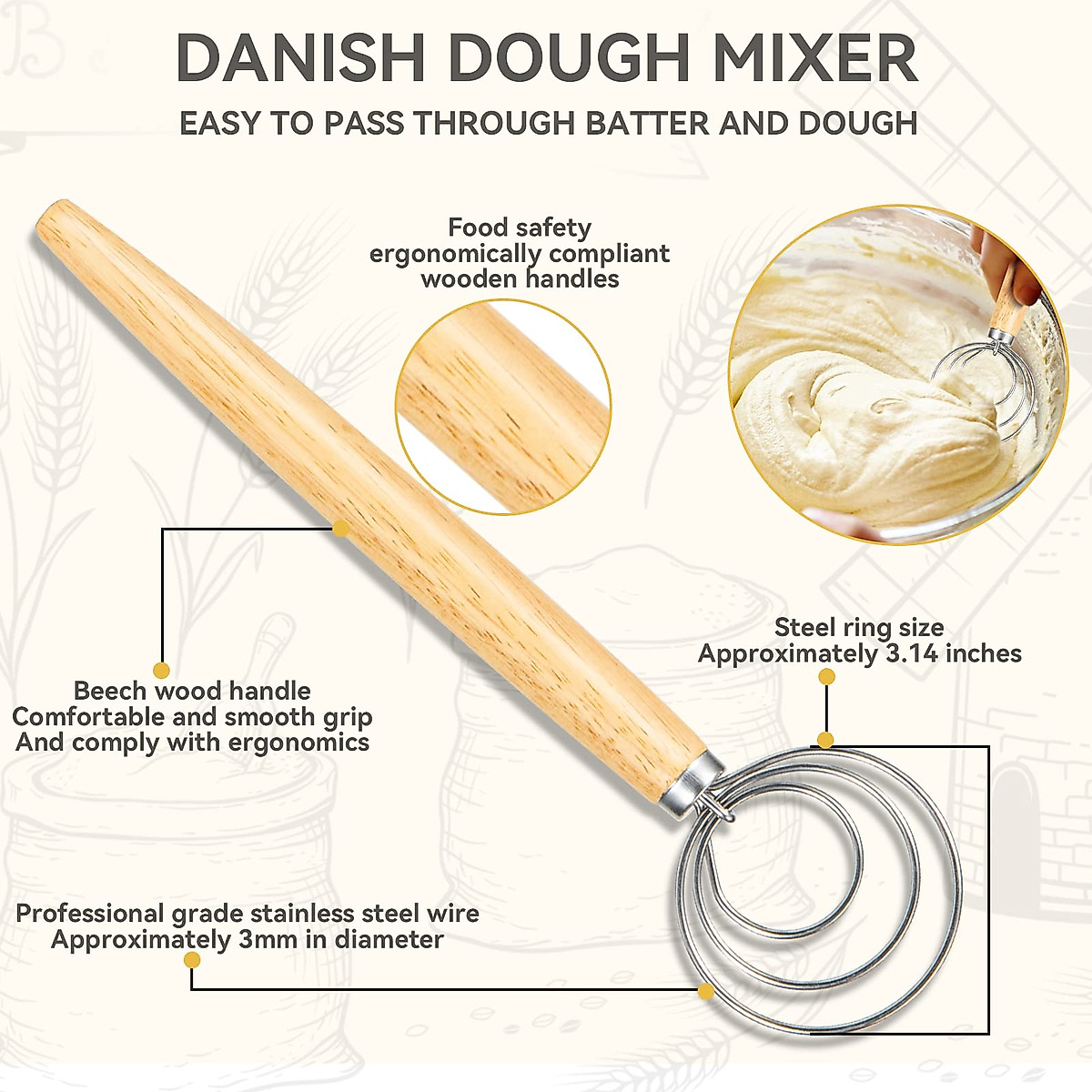 Danish Dough Whisk - Bread Whisk Set of 3 pieces, Bread Making Tools and Supplies, Sourdough Bread Whisk, Dutch Whisk for Dough, With Dough Scraper Bread Cutter, Bread Lame Dough Scoring Tool, Blades