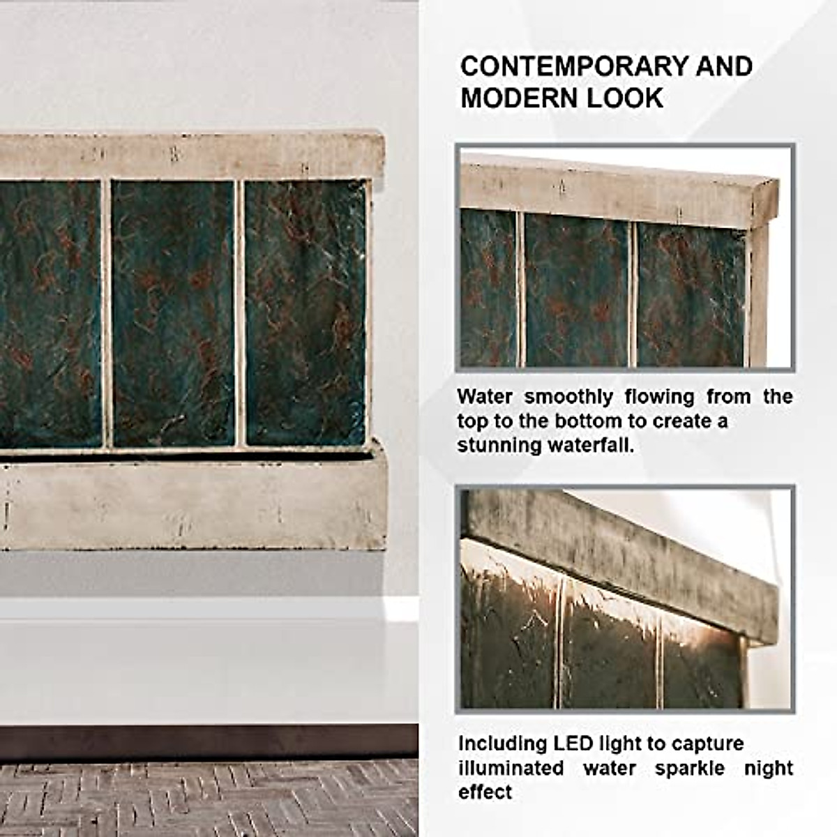 XBrand Polystone Wall Water Fountain with Warm Light and Splash Guard, Indoor Outdoor Wall-Mounted Fountain, Relaxing Décor for Home Patio Garden Backyard, 29.5 Inch Wide, Natural Stone and Green